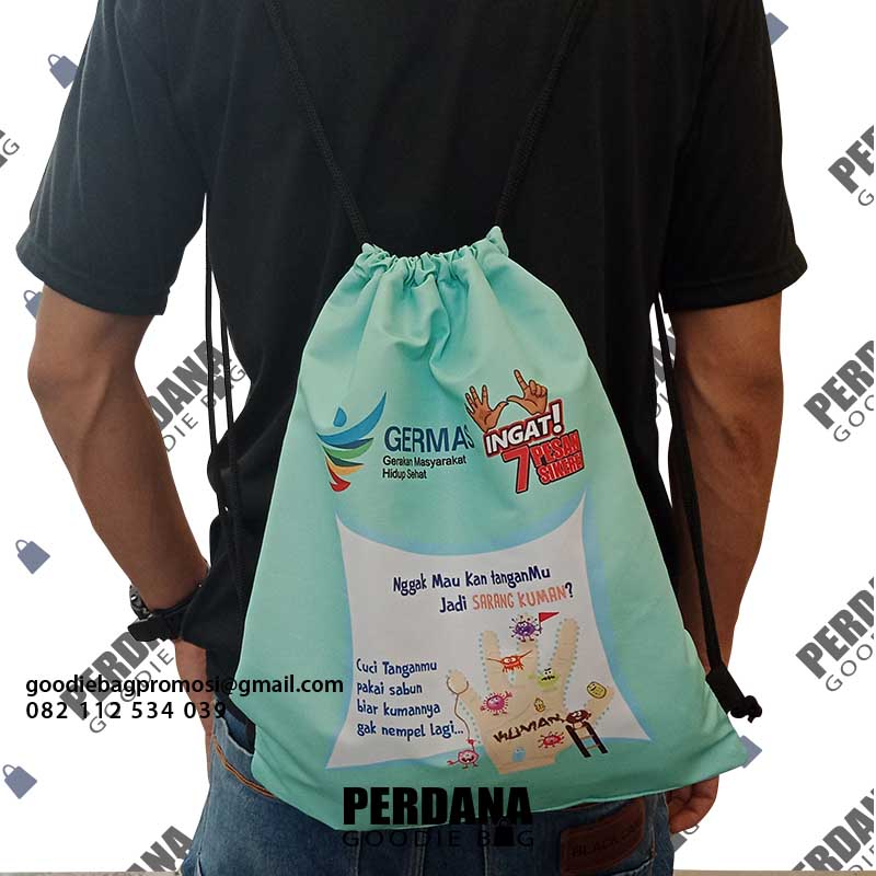 Drawstring bag taslan biru tosca printing germas Ester - Perdana Goodie Bag